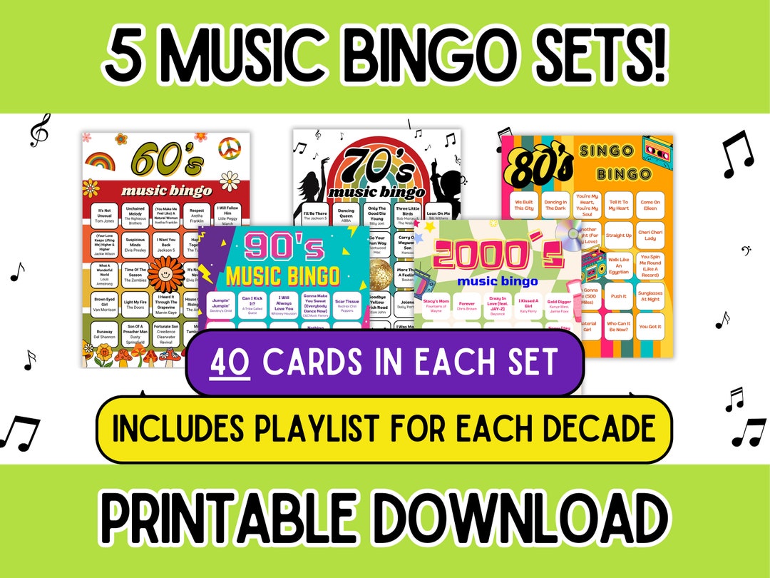 Music Bingo - 5 Pack | 60s, 70s, 80s, 90s, 2000s Music Bingo | 5 ...