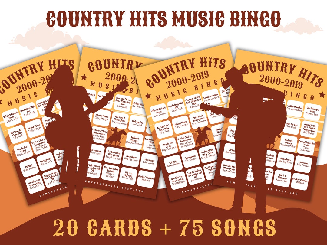 Country Music 2000-2019 Bingo With Playlist | Country Hits Music Bingo ...