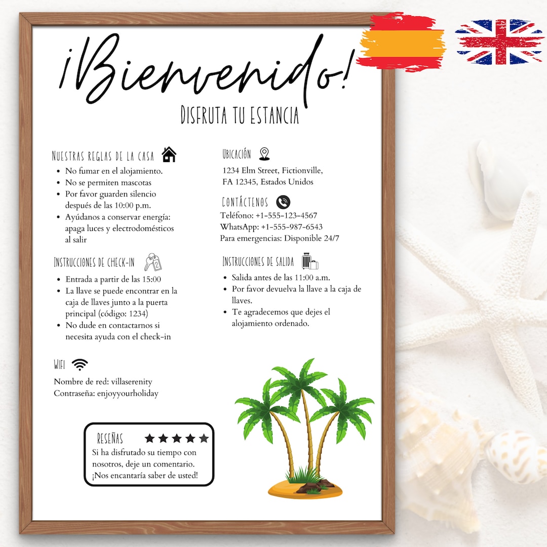 Spanish Welcome Sign for Airbnb and VRBO Hosts, Editable Vacation ...