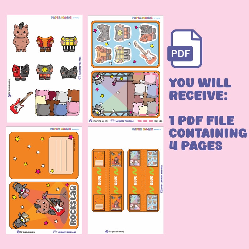 Printable Paper Doll Cat Rockstar Paper Doll for Toddler Dress up Punk ...