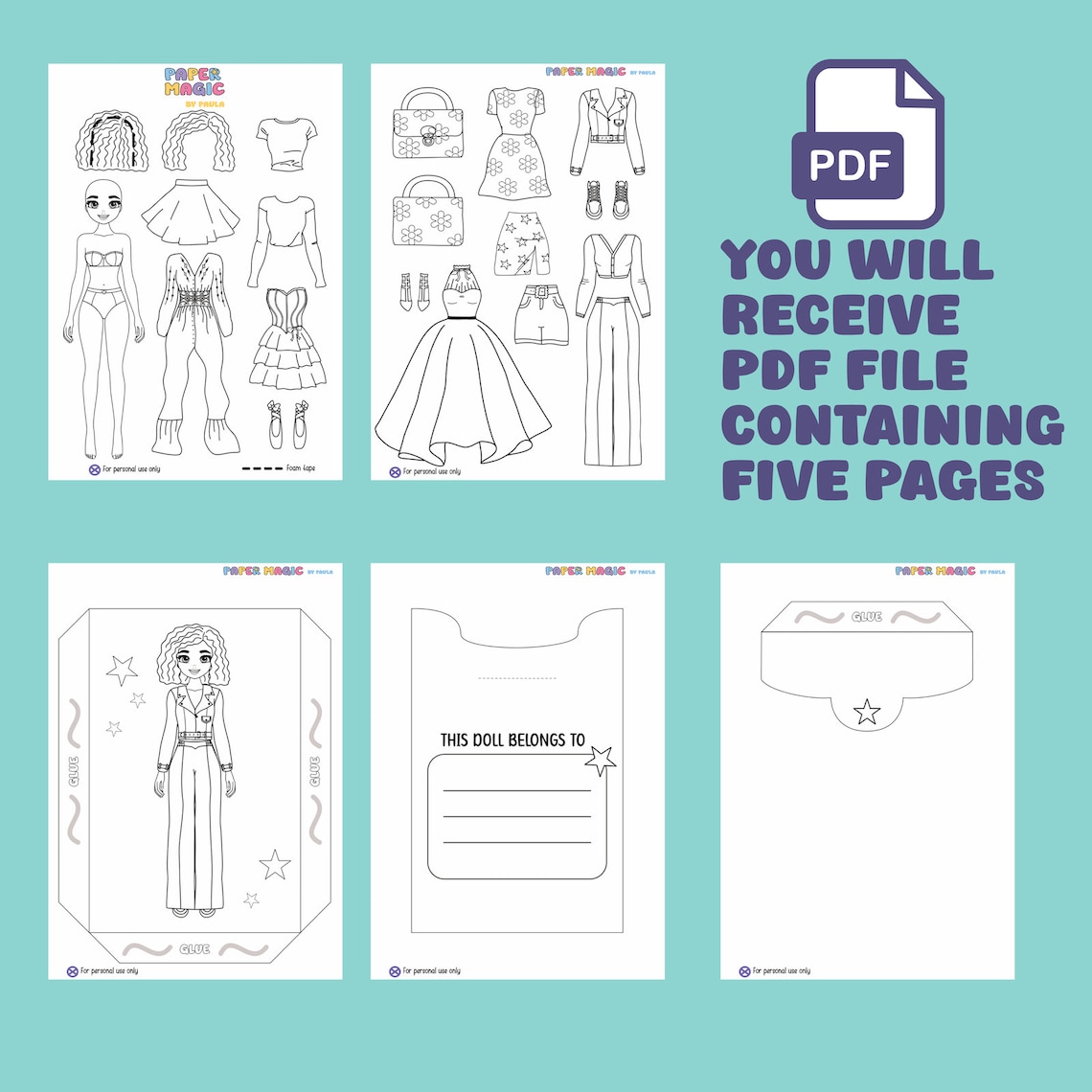 Printable Paper Doll Coloring Pages: Indoor Activity for Kids (digital ...