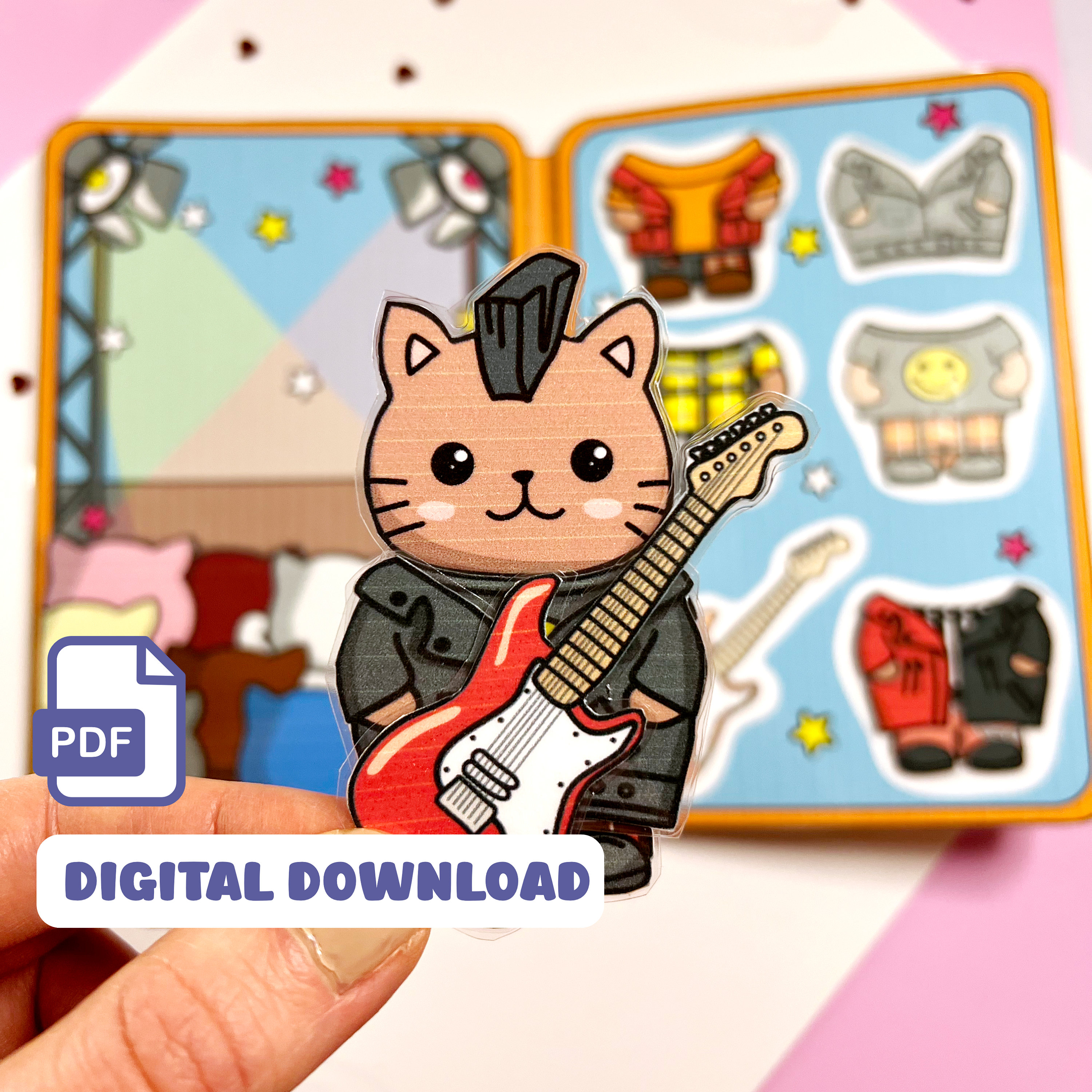 Printable Paper Doll Cat Rockstar Paper Doll for Toddler Dress up Punk ...