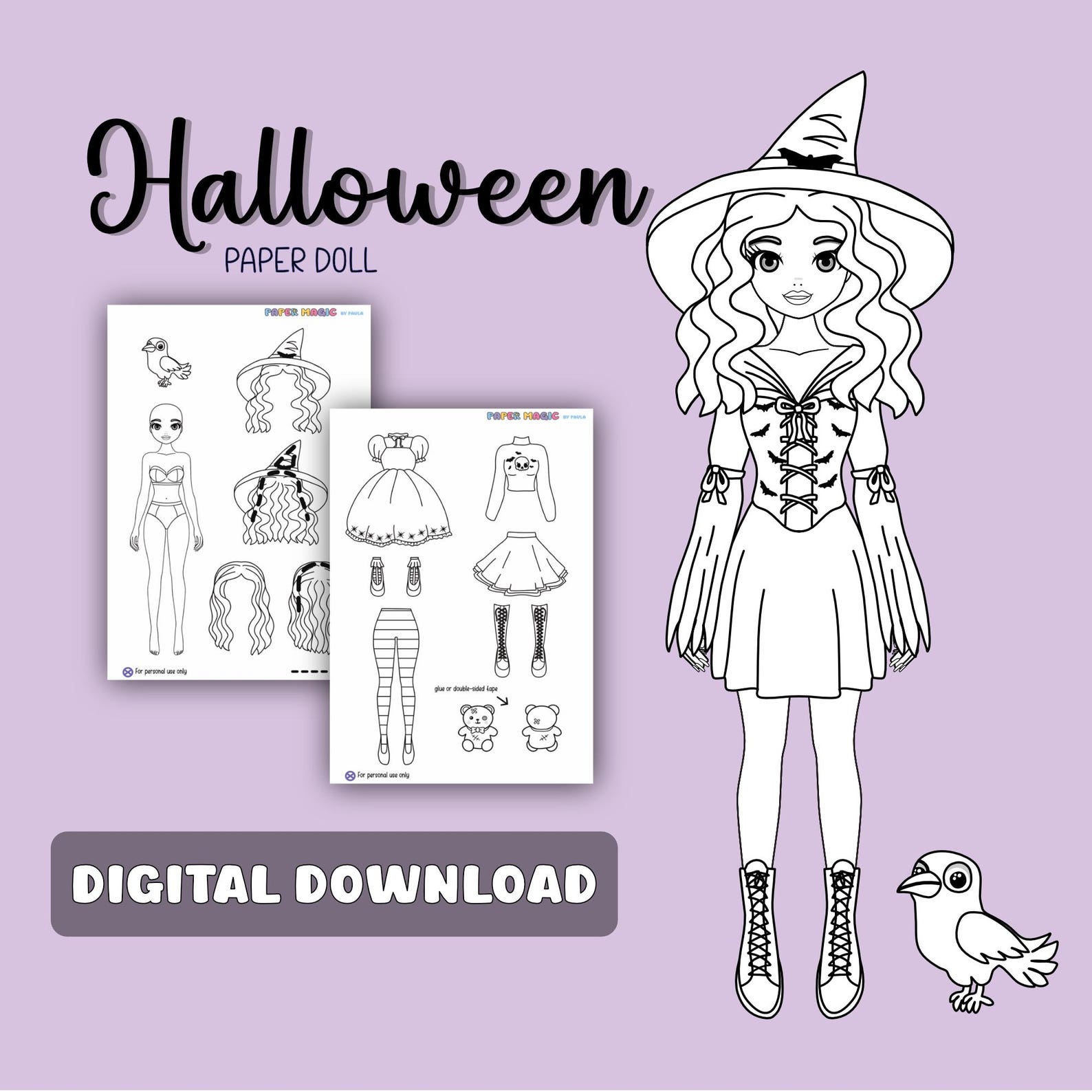 Halloween Witch Paper Doll Coloring Pages: Dress-up Activity (digital ...