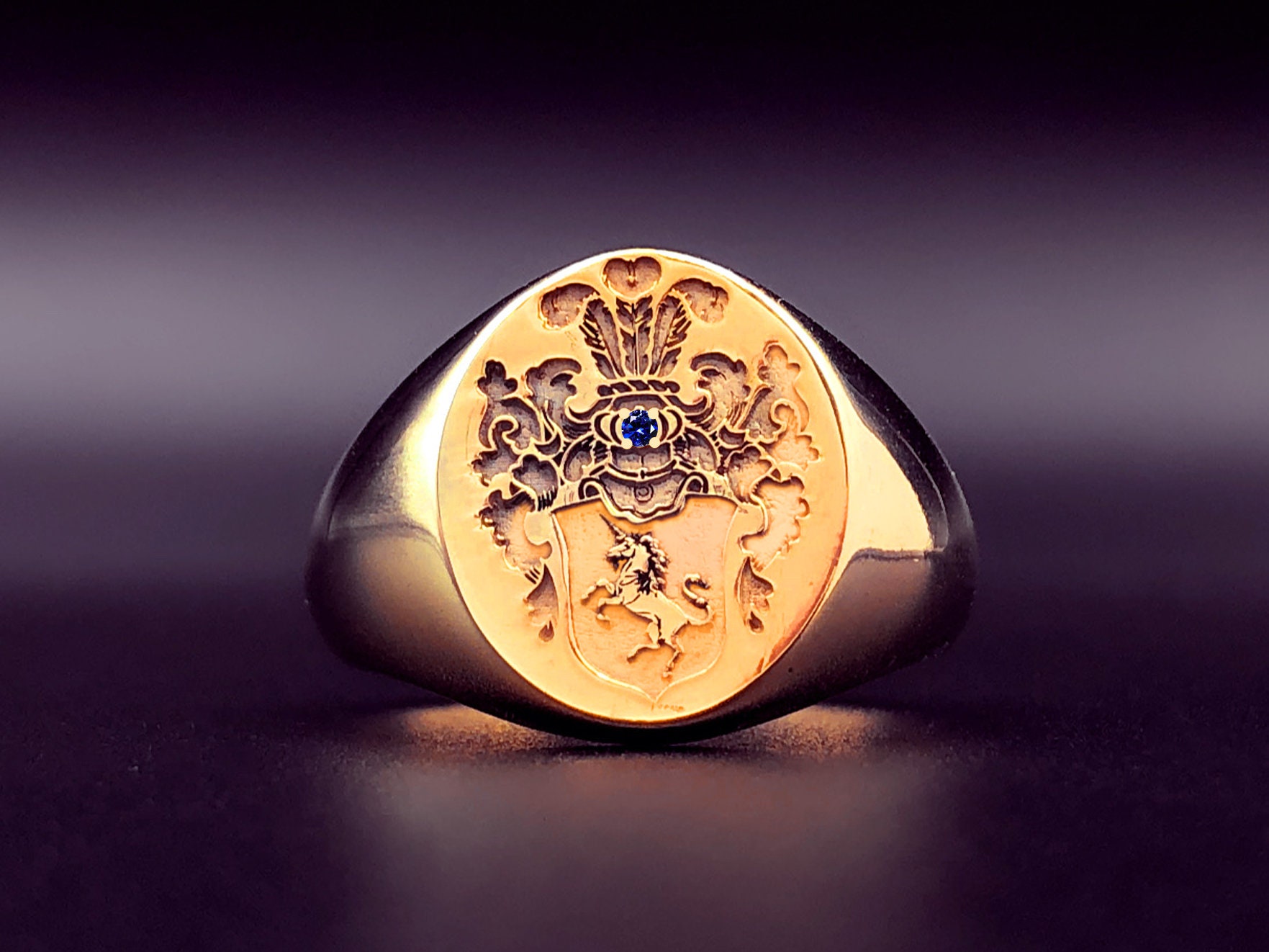 Personal Family Coat of Arms Ring, Sapphire Gemstone Seal Ring, Family ...
