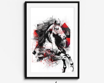 Abstract Horse Rider Print Earthy Modern Wall Art Bold Red Equestrian ...
