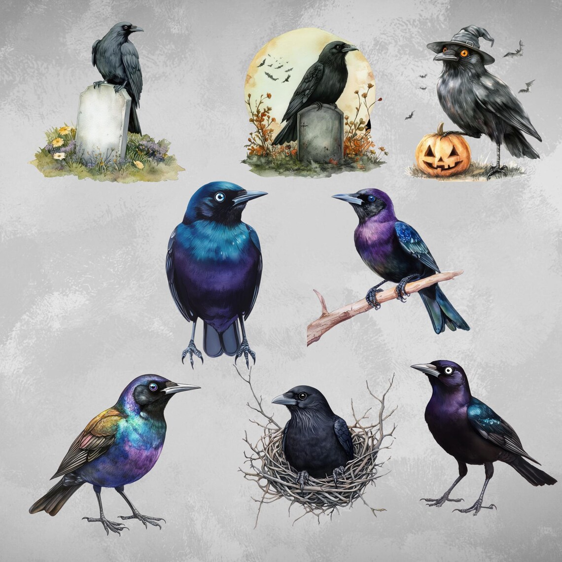 Halloween Crow Clipart | Watercolor Birds | Digital Download | Spooky ...