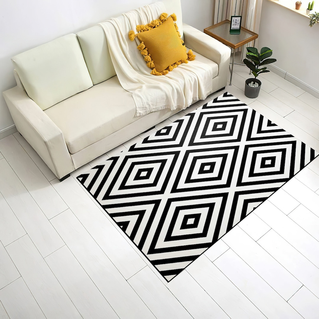 Black and White Rug, Geometric Pattern Rug, Washable Rug, Customizable ...