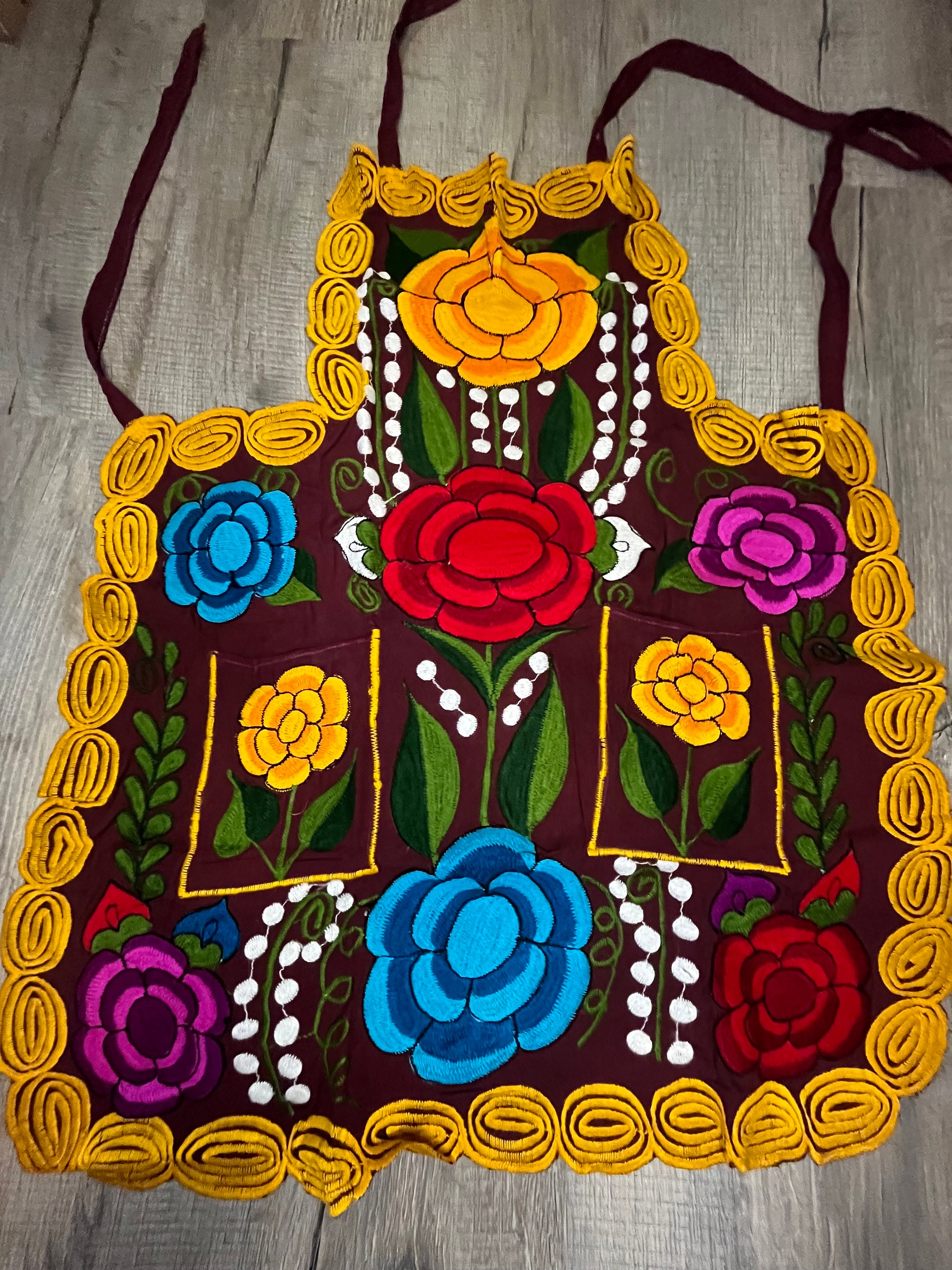 Boho Style Handmade Mexican Embroidery Apron Embroidered Mexican Floral ...