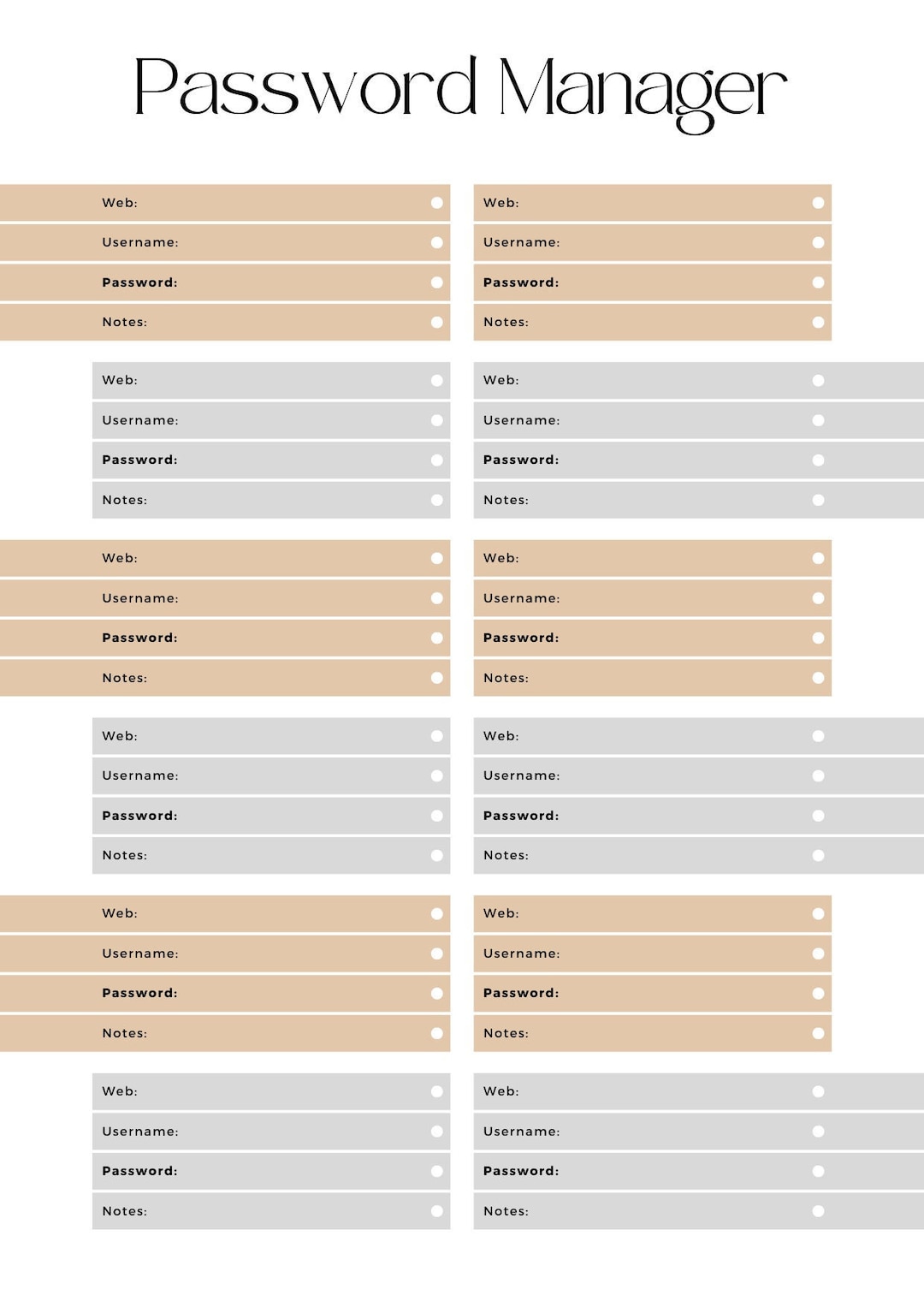 Password Manager List|printable|instant Download - Etsy