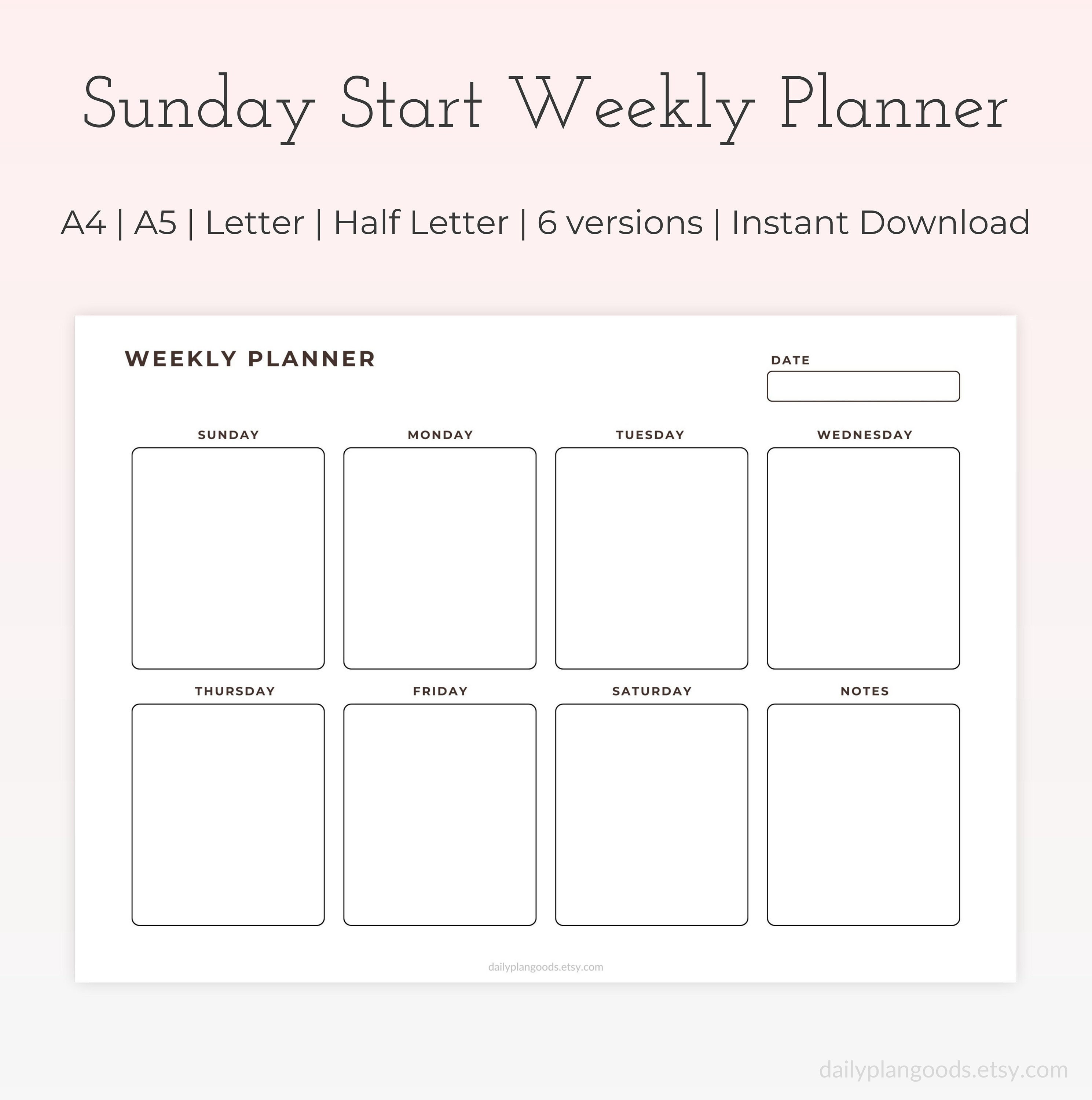 Sunday Start Weekly Planner Digital, Printable Weekly Agenda, Weekly to ...