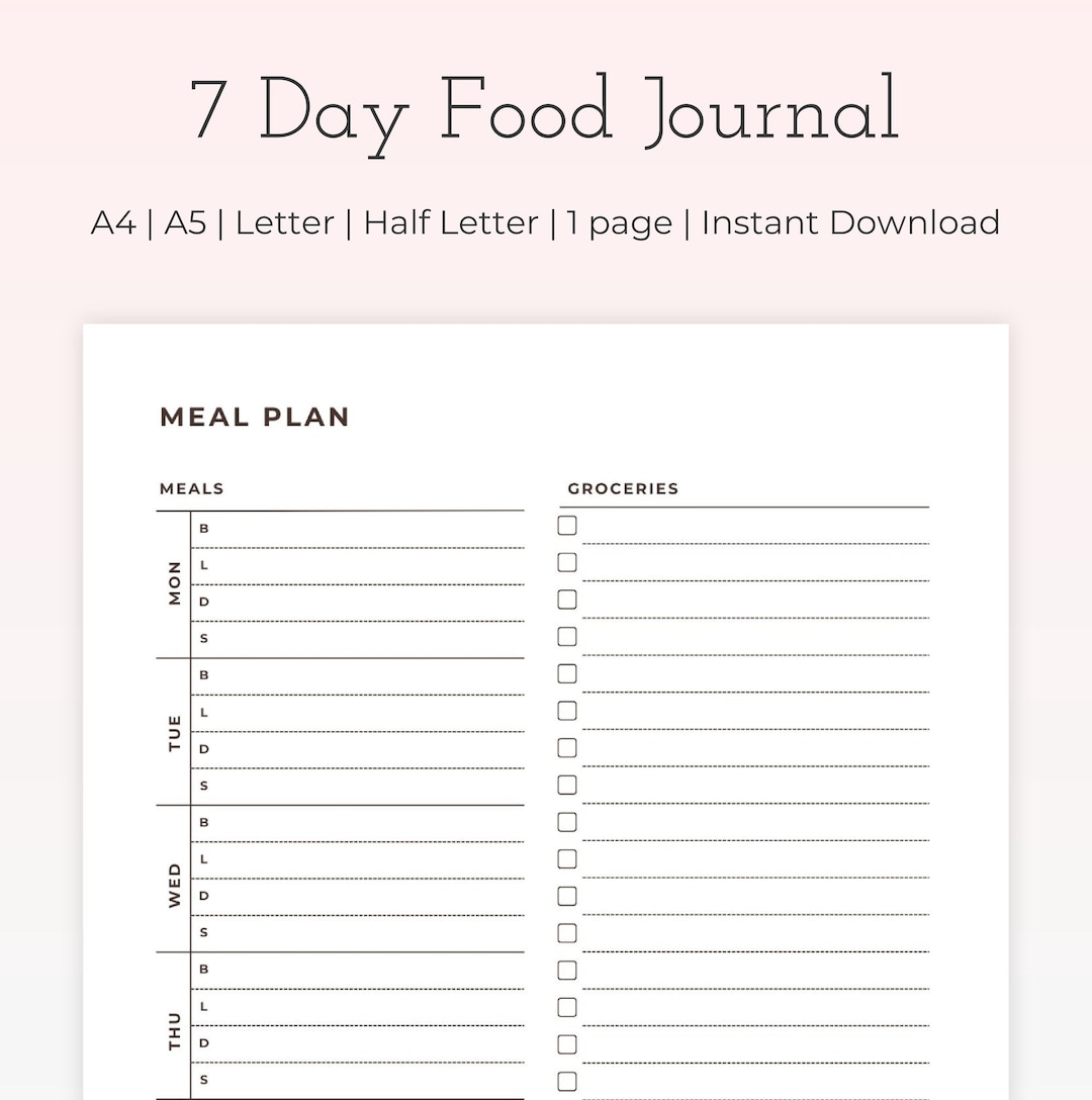 7 Day Food Journal Printable, Digital Meal Planner Weekly, Menu Planner ...