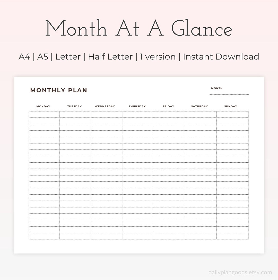 Month at A Glance, Printable Monthly Planner Undated, Digital Monthly ...