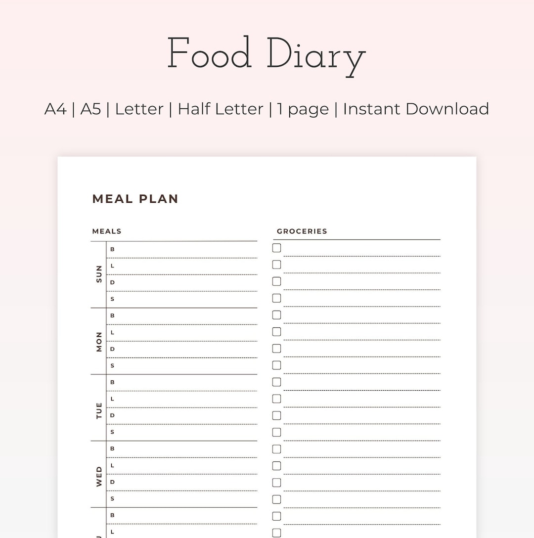 Printable Food Diary Weekly, Digital Meal Planner Weekly, 7 Day Food ...