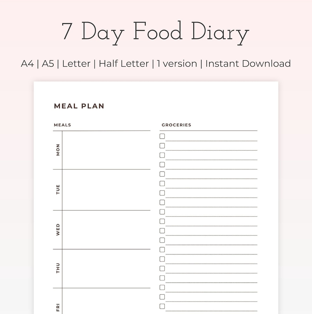 7 Day Food Diary Printable, Digital Meal Planner Weekly, Printable ...