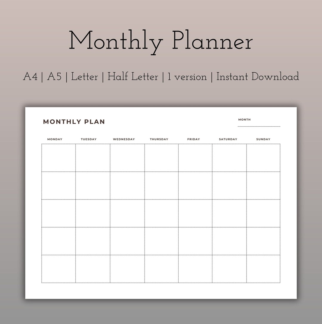 Printable Monthly Planner Landscape, Minimalist Monthly Planner Digital ...