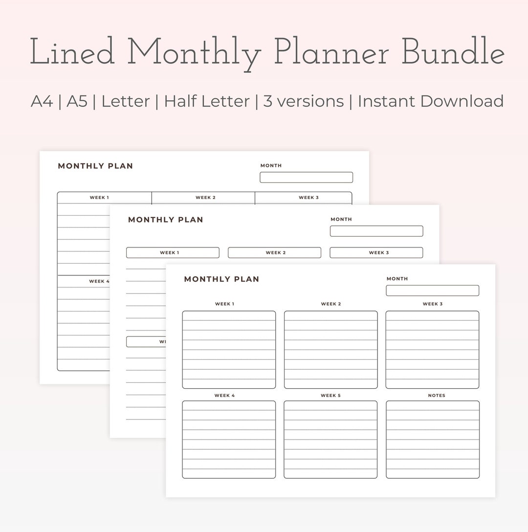 Printable Monthly Planner Lined A4, A5, Letter, Half Letter Landscape ...