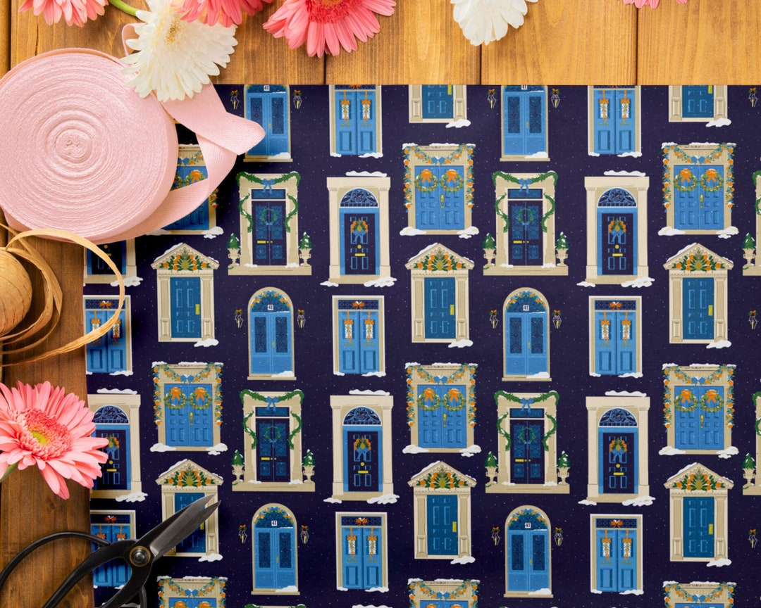 Blue Door Christmas Wrapping Paper – Festive Gift Wrap With Decorated ...