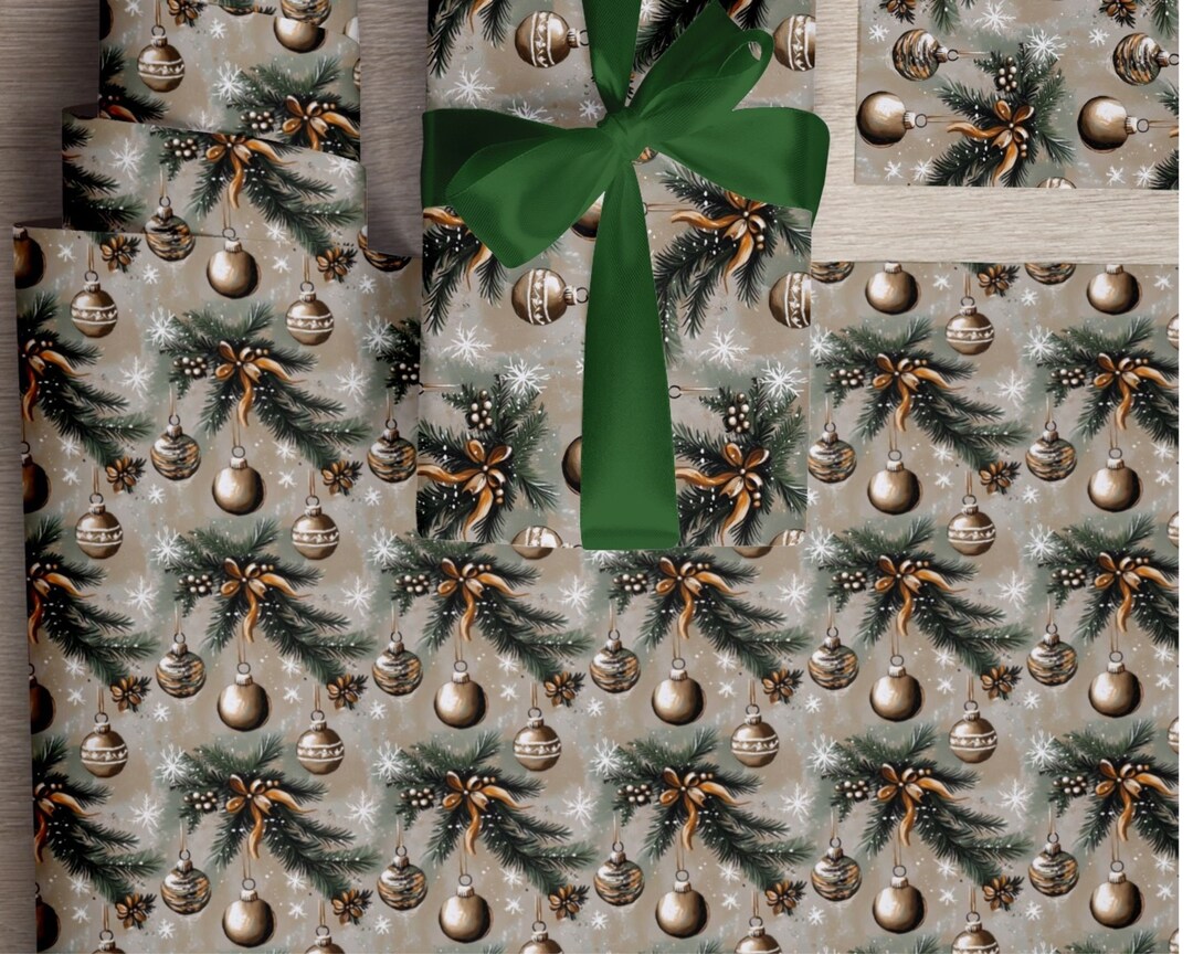 Rustic Christmas Wrapping Paper - Pine Branches, Golden Baubles and ...