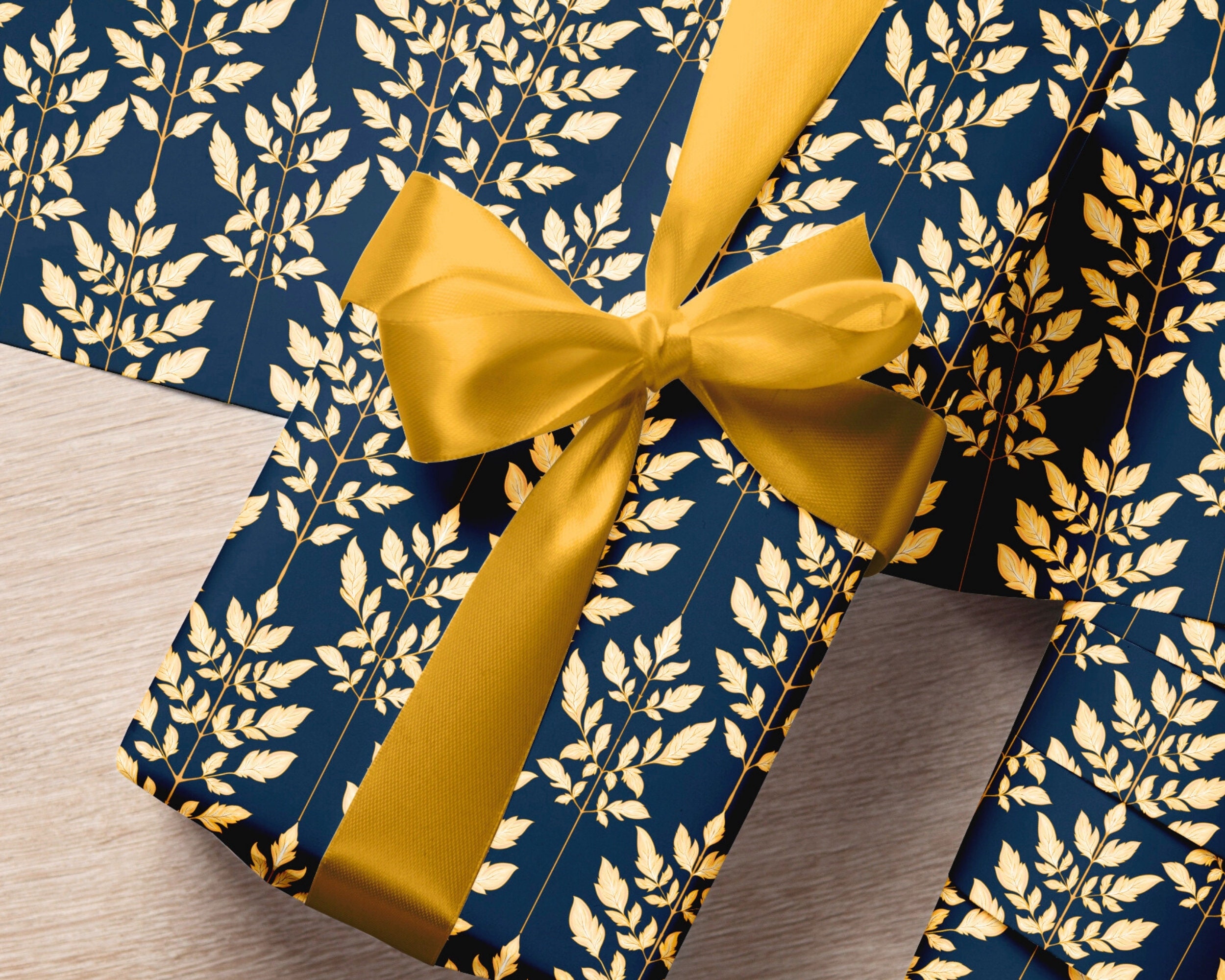 Gold Leaves on Navy Blue Background Wrapping Paper Art Nouveau-inspired ...