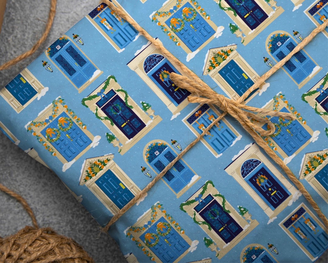 Light Blue Christmas Door Wrapping Paper – Colonial Style Gift Wrap ...