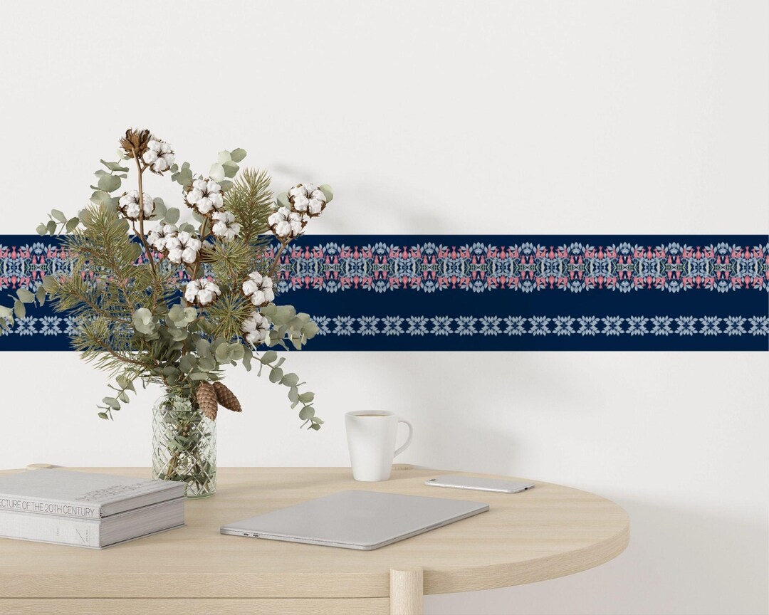 Art Nouveau Botanical Frieze Border in Navy – Coral Buds and Pale ...
