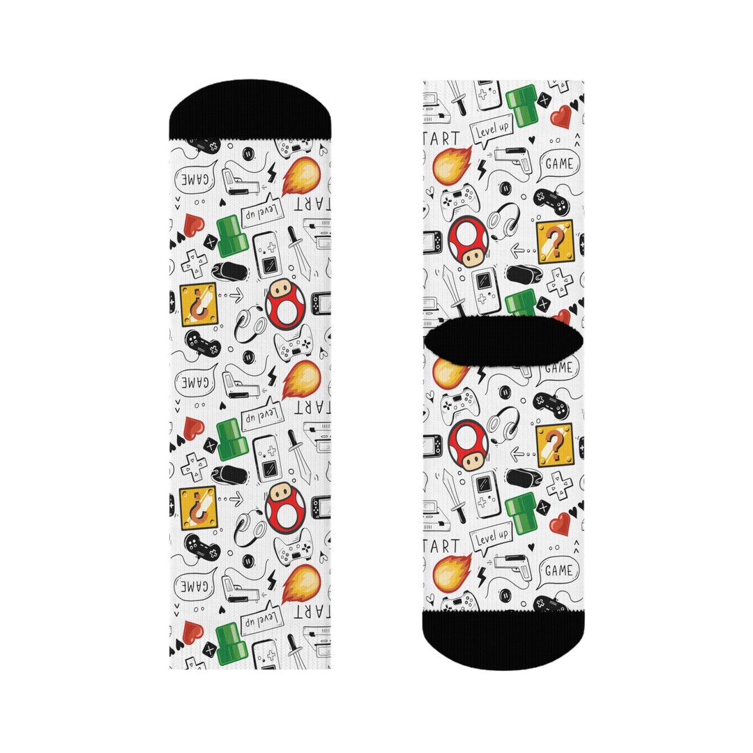 Socks for Gamer, Retro 90s Feel Crew Socks, Mario Gaming Collage White ...