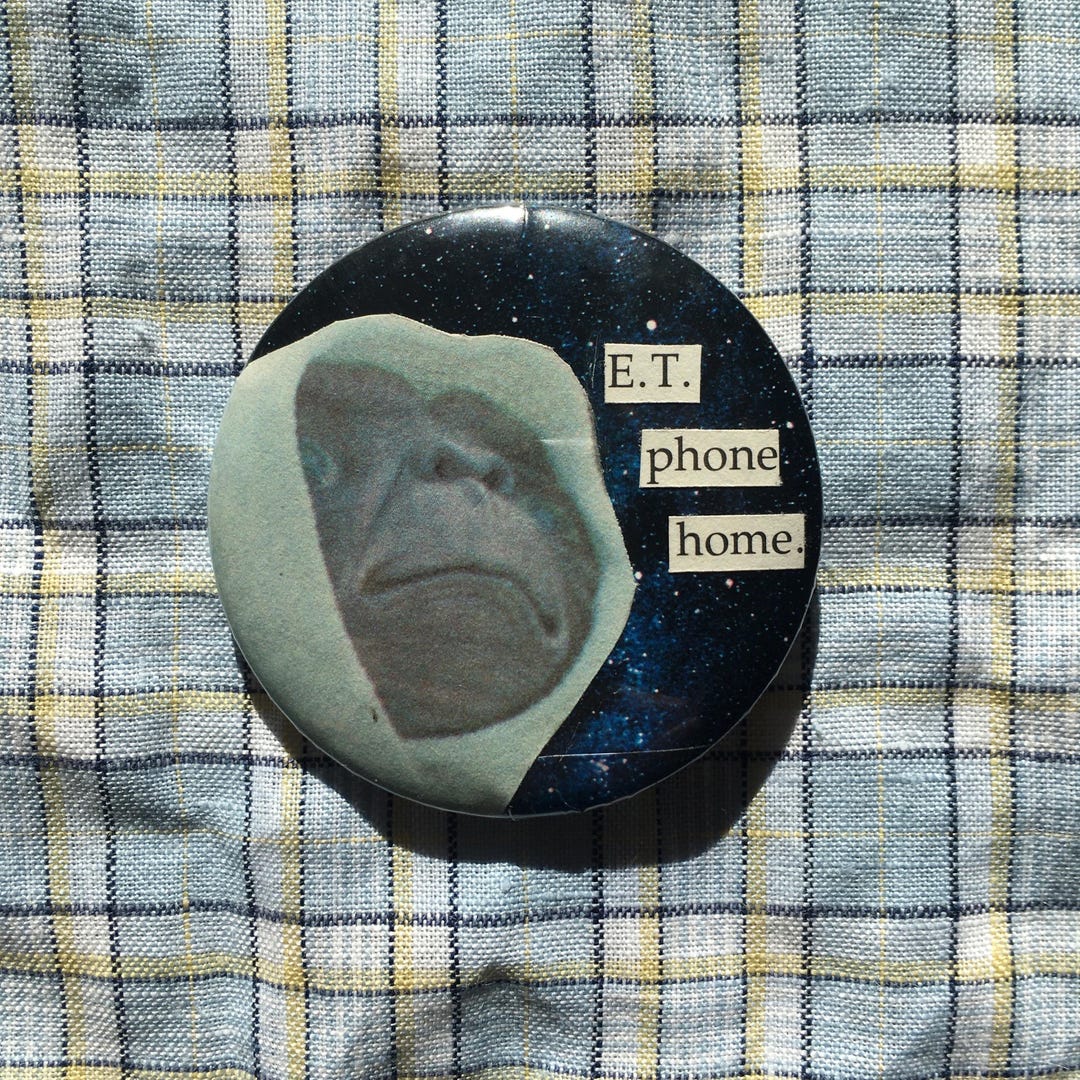 E.T. Phone Home Pin Badge, Handmade Collage Button Badge ...