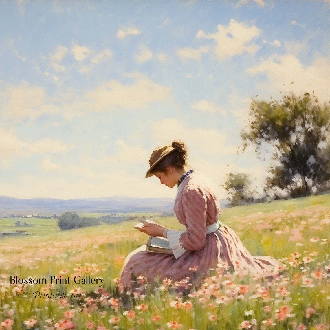 Vintage Portrait Painting Woman Reading Book Art Wildflower Field ...