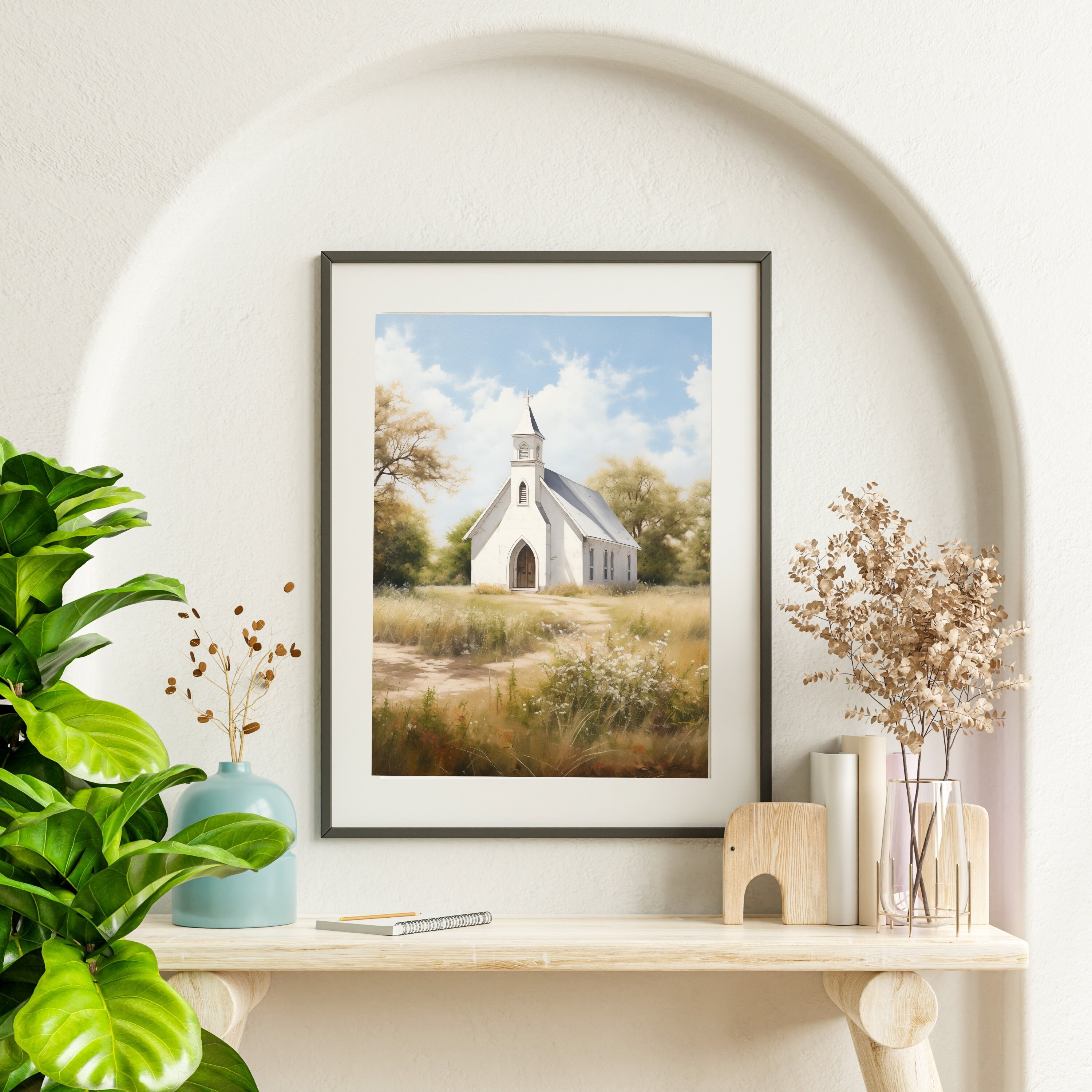 Vintage Old Church Print Spring Landscape Oil Painting Farmhouse Decor ...