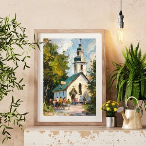 Antique Church Oil Painting Print, Vintage Farmhouse Landscape ...