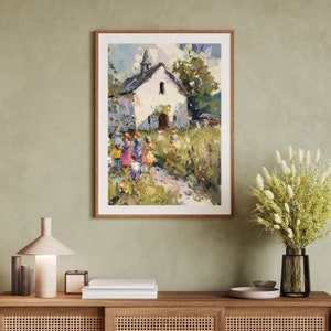 Vintage Church Print Spring Landscape Antique Oil Painting ...