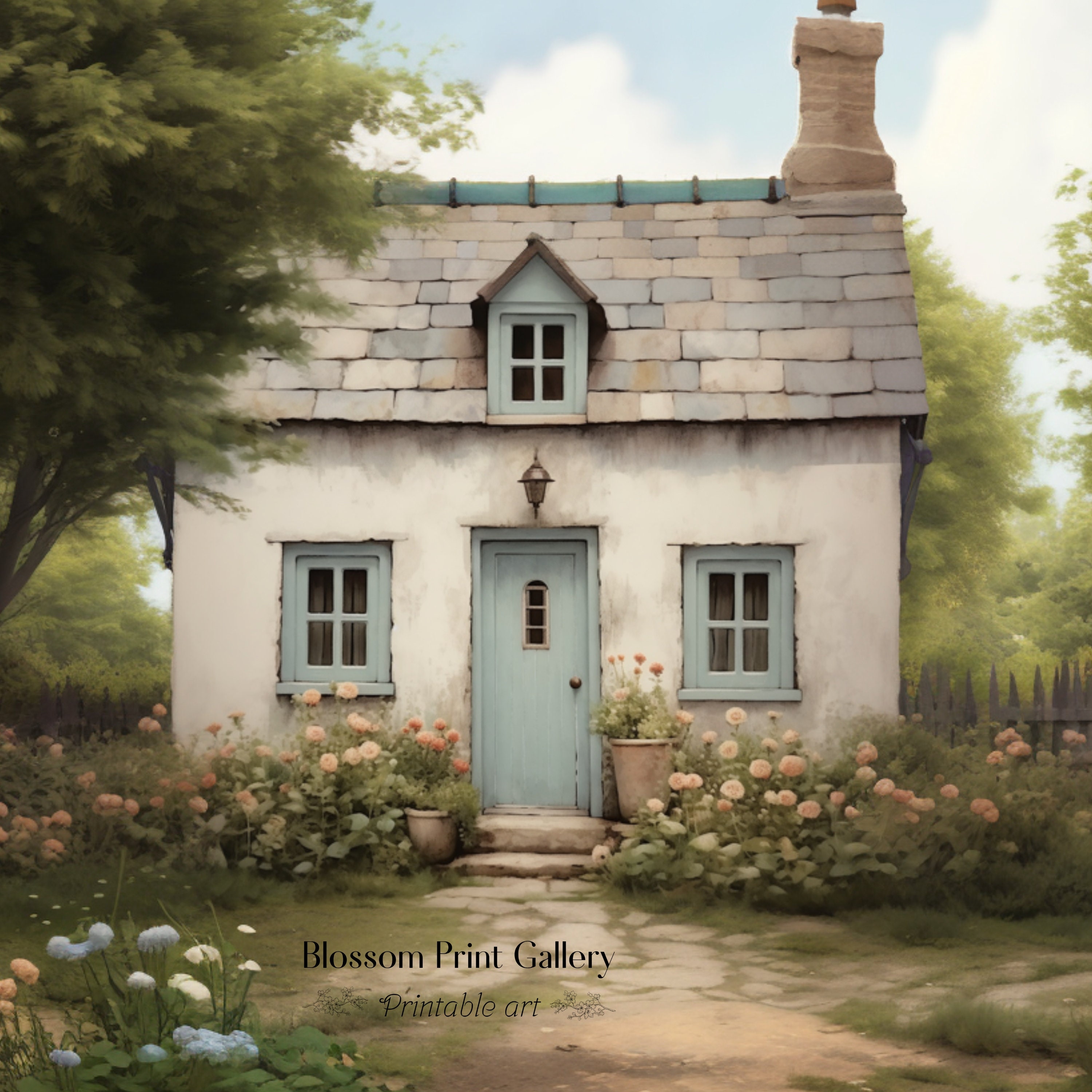 Cottage Oil Painting Vintage Garden Wall Art Living Room Decor Rustic ...