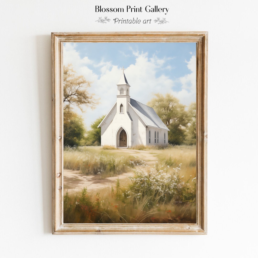 Vintage Old Church Print Spring Landscape Oil Painting Farmhouse Decor ...