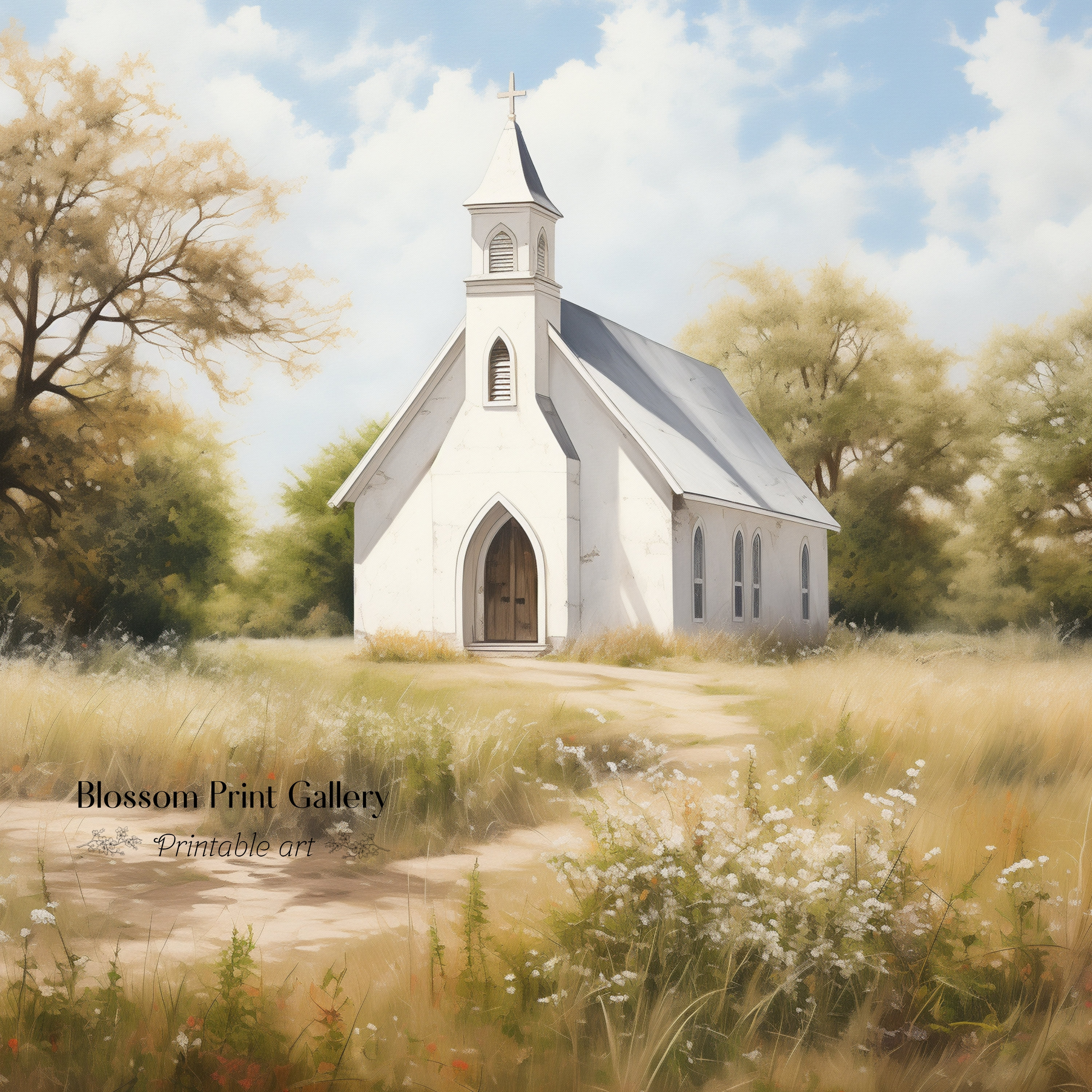 Vintage Old Church Print Spring Landscape Oil Painting Farmhouse Decor ...