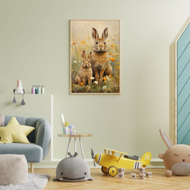 Vintage Rabbit Painting Rustic Hare Art Nursery Wall Decor Spring ...
