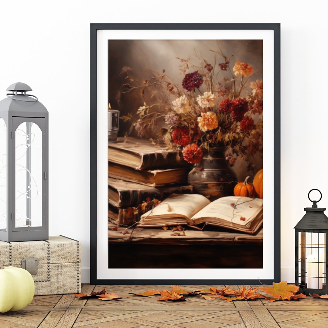 Rustic Fall Decor Books Pumpkin Still Life Moody Wall Art Printable ...