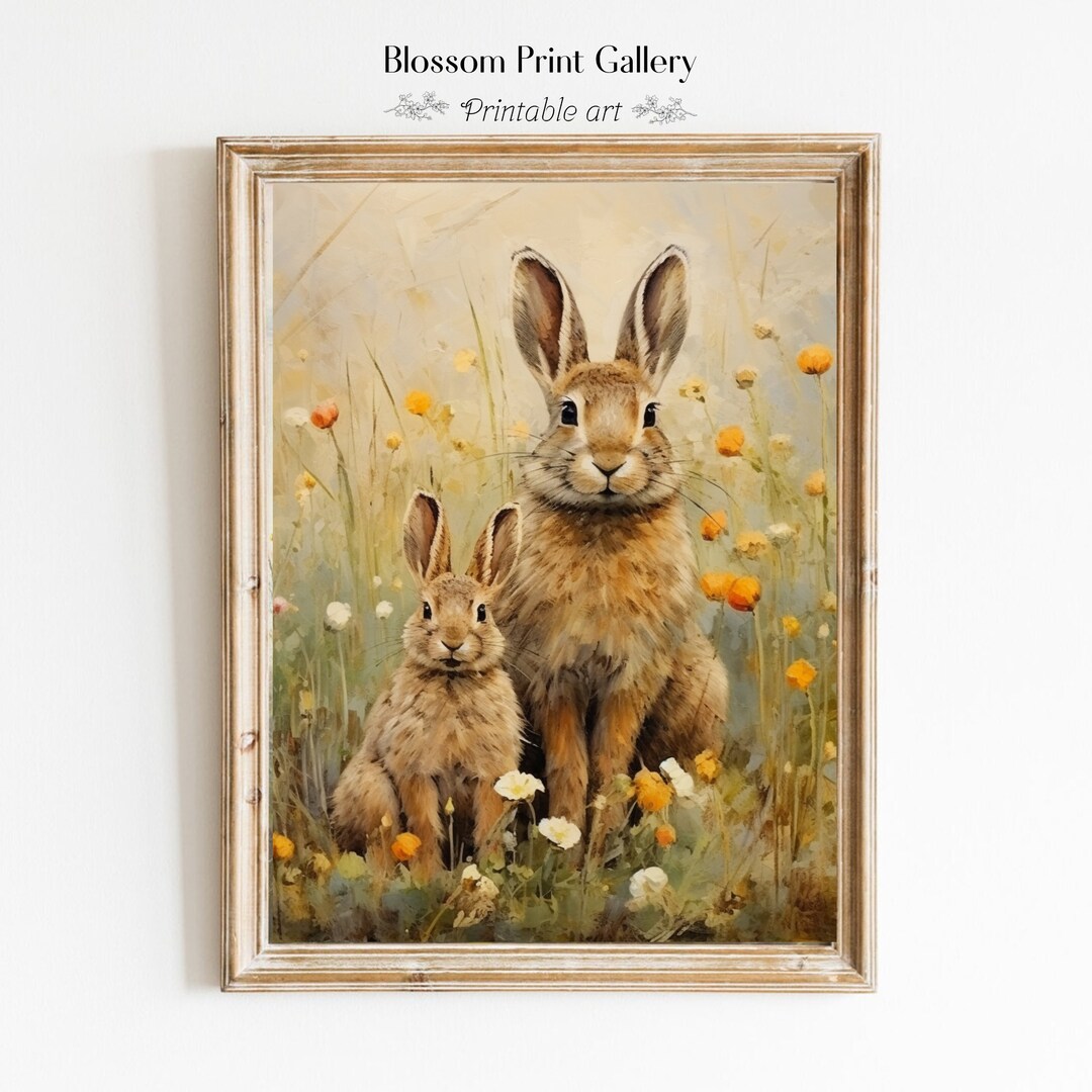 Vintage Rabbit Painting Rustic Hare Art Nursery Wall Decor Spring ...
