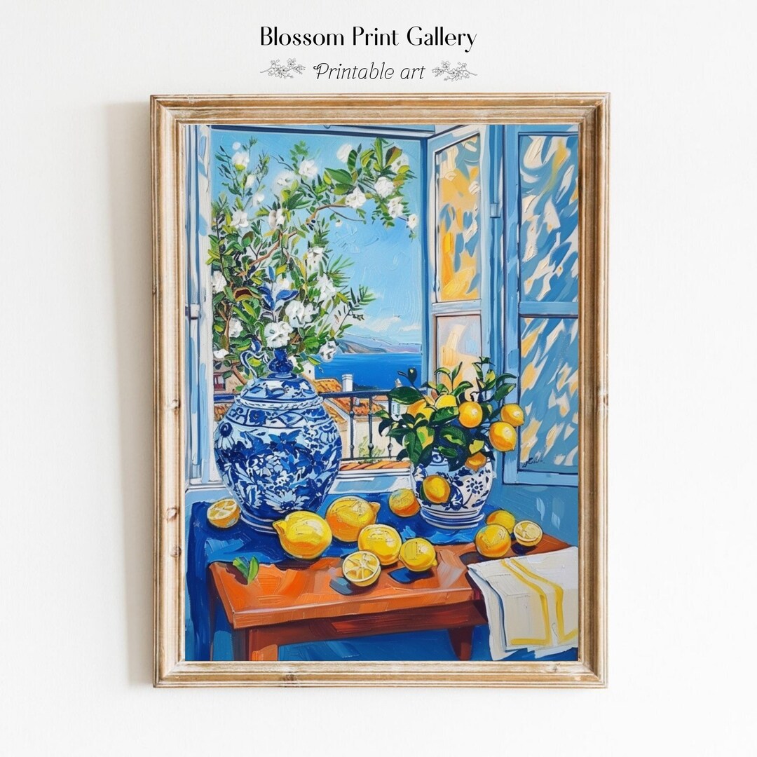 Mediterranean Still Life Paint Lemon Art Summer Farmhouse Decor Kitchen ...
