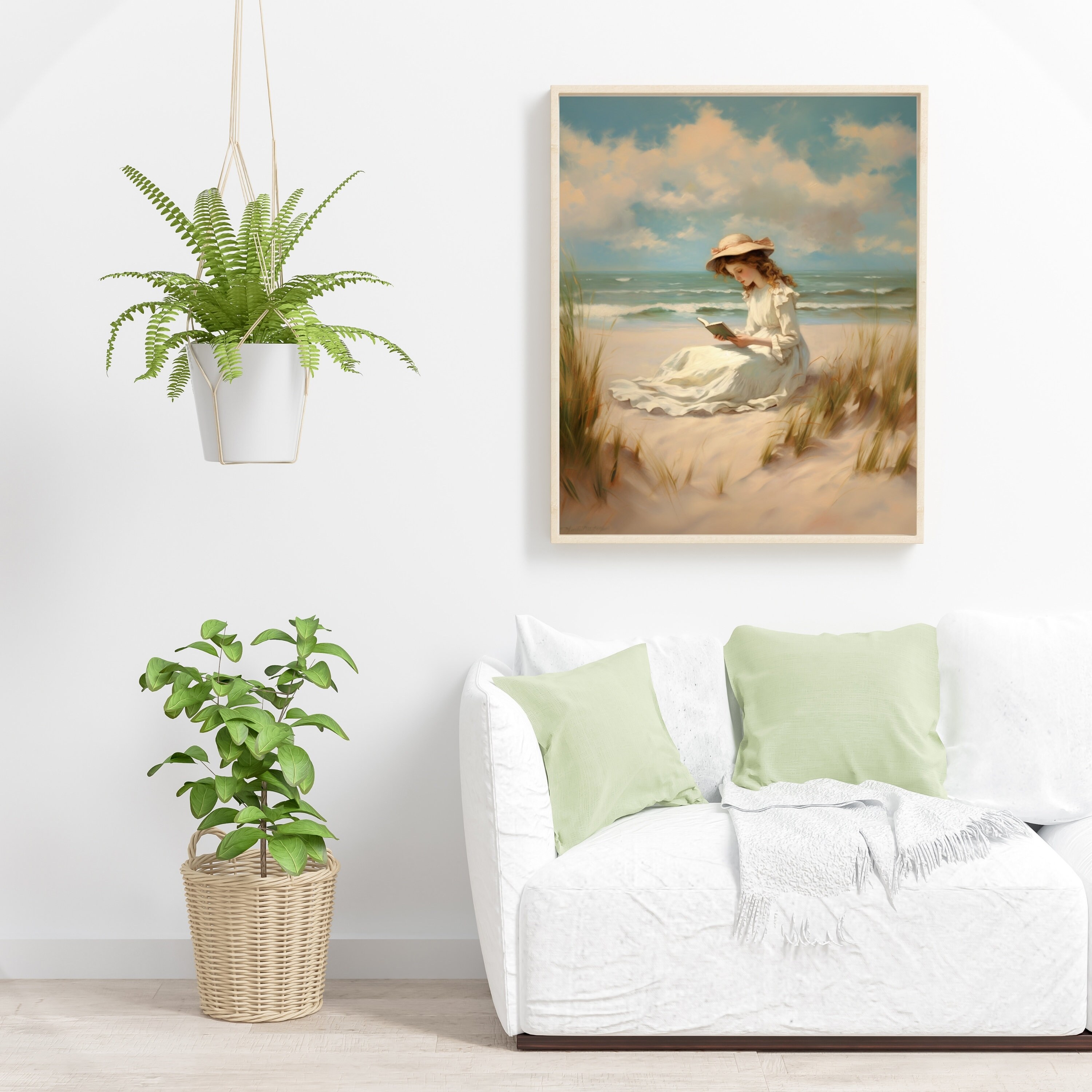 Vintage Neutral Beach Painting Woman Reading Book Art Soft Coastal ...