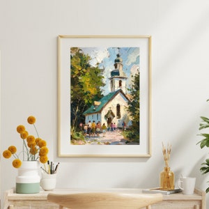 Antique Church Oil Painting Print, Vintage Farmhouse Landscape ...