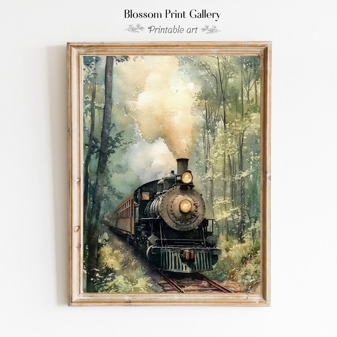 Vintage Steam Train Art, Steam Train Print, Locomotive Train Wall Art, Boy Nursery Decor, Forest ...