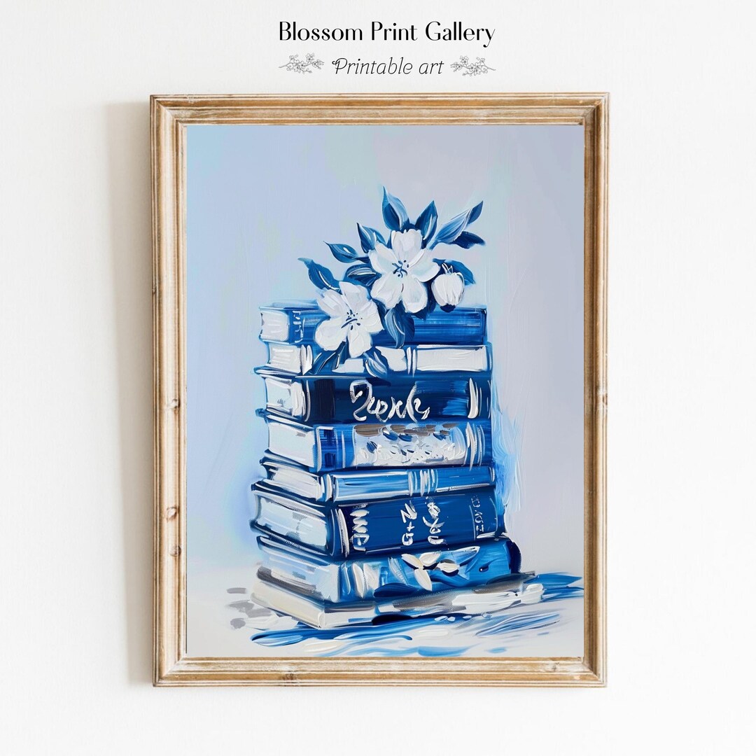 Blue Book Stack Painting, Spring Wall Art, Reading Nook Decor, Bookworm ...