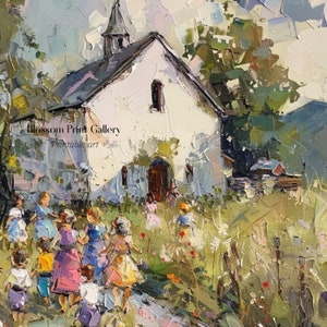 Vintage Church Print Spring Landscape Antique Oil Painting ...