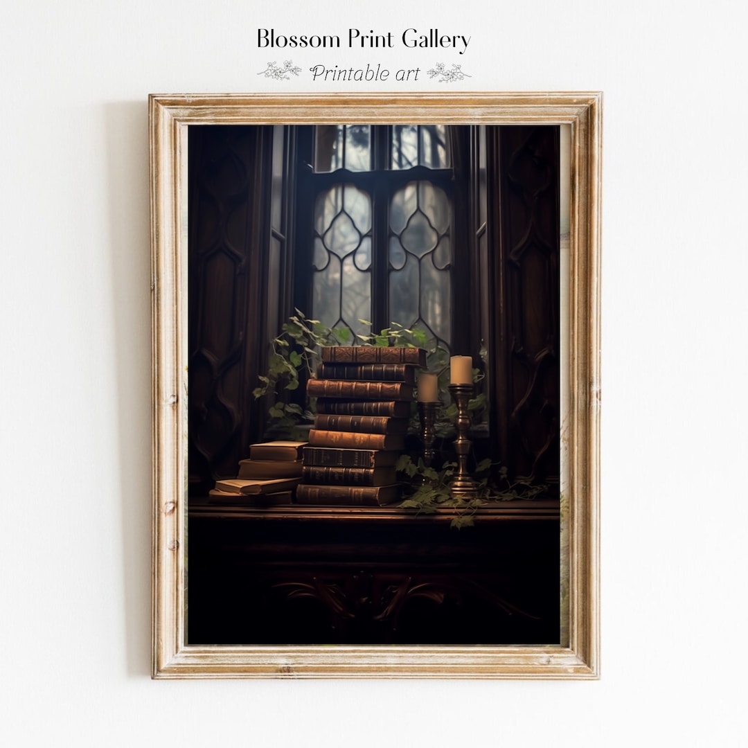 Rustic Book Wall Art Still Life Printable Moody Goth Oil Painting Dark ...