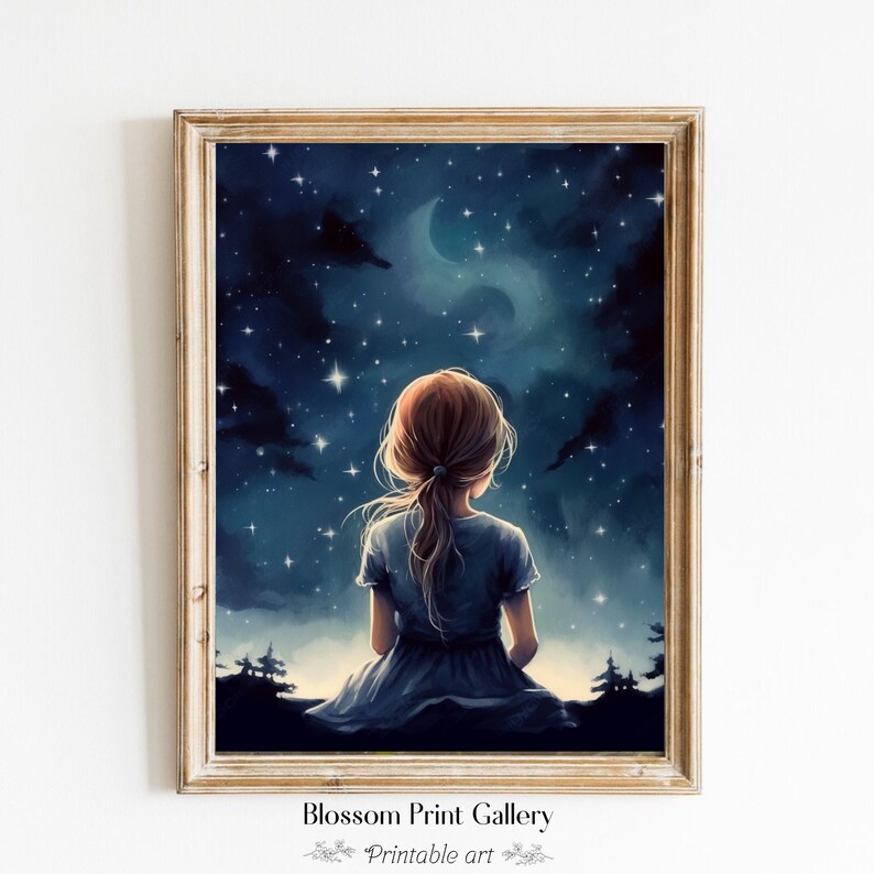 Star Gazing Girl Printable Girls Room Wall Art Aesthetic Night Bright ...