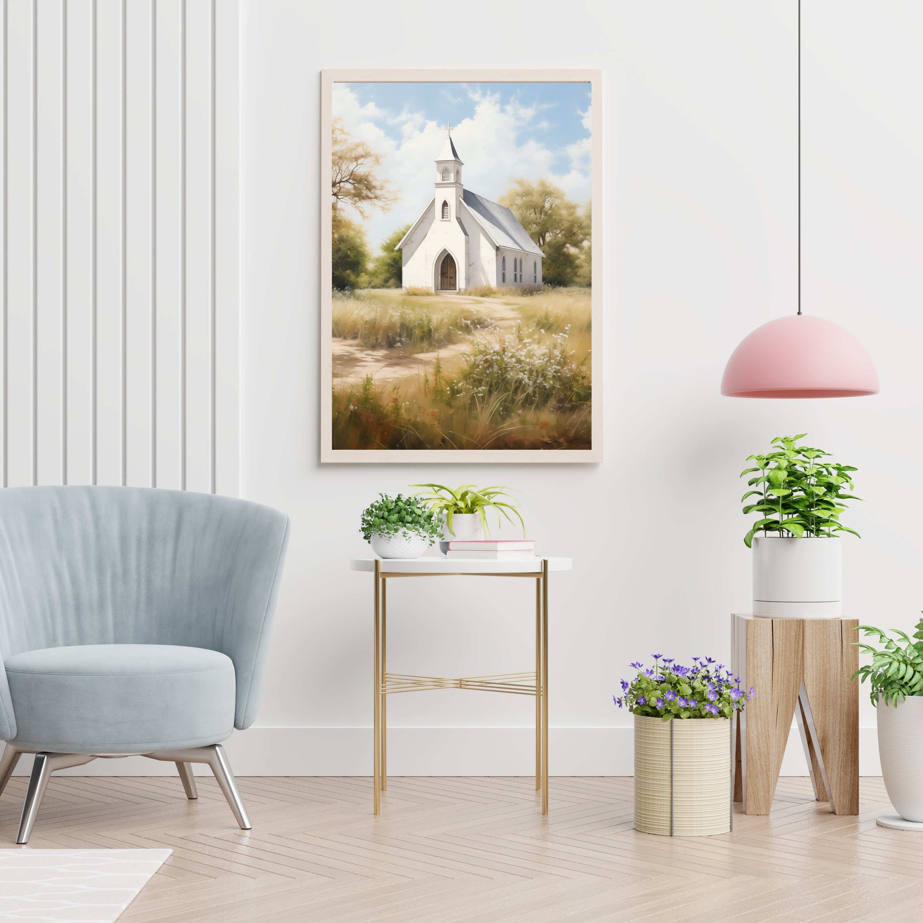 Vintage Old Church Print Spring Landscape Oil Painting Farmhouse Decor ...