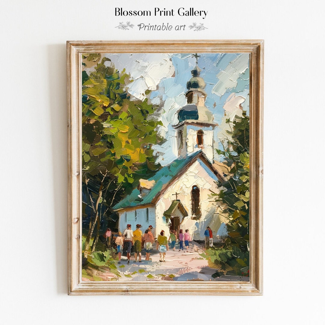 Vintage Church Print Spring Landscape Antique Oil Painting ...