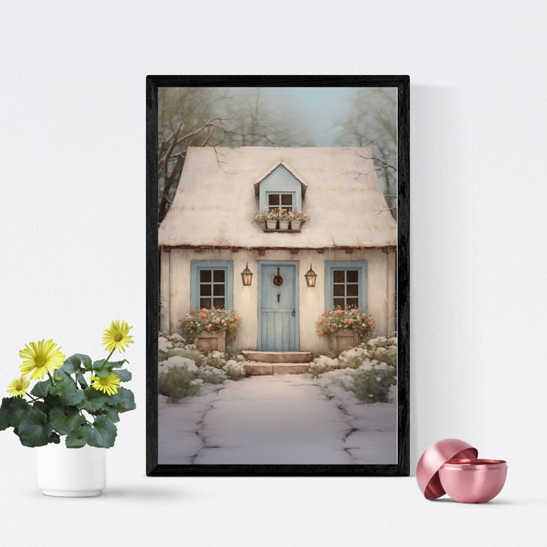 Vintage Cottage Painting Wall Art Rustic Farmhouse Decor Winter Muted ...