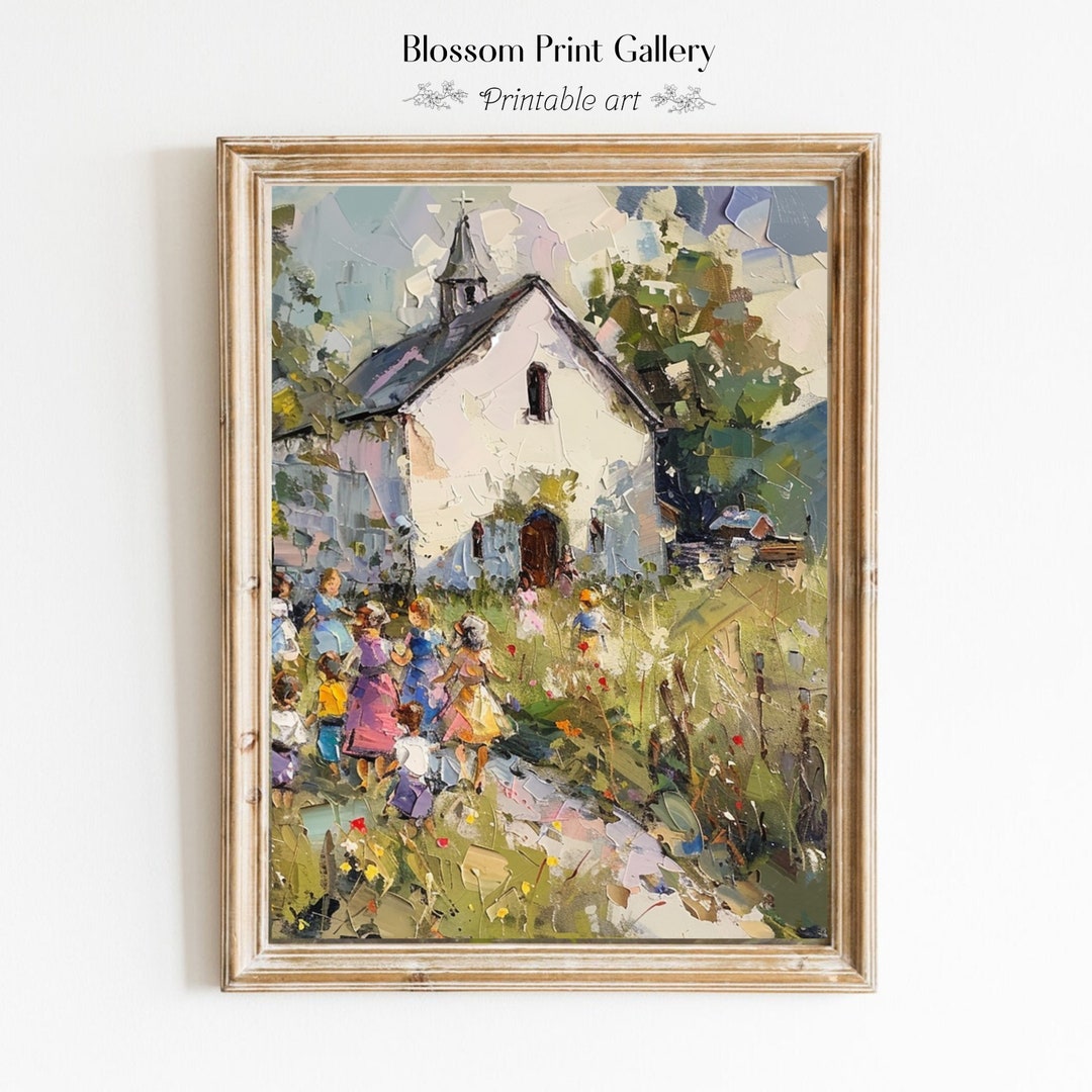 Vintage Church Print Spring Landscape Antique Oil Painting ...
