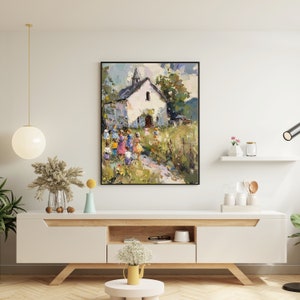 Vintage Church Print Spring Landscape Antique Oil Painting ...